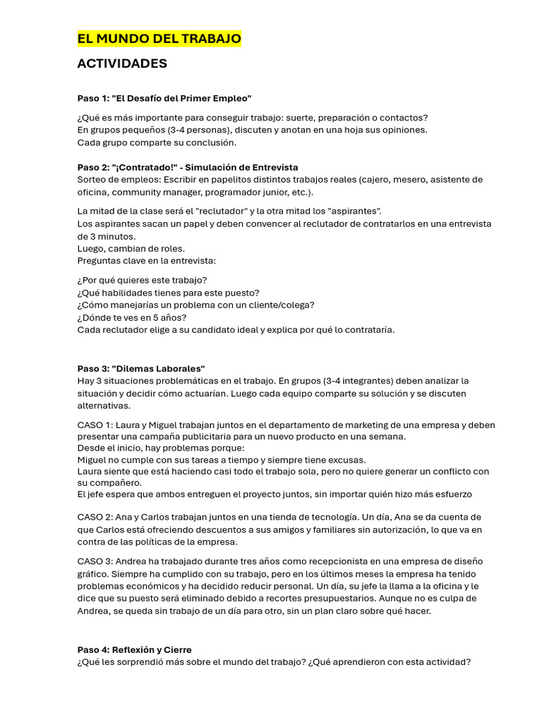 ACTIVIDAD PRACTICA - EL MUNDO DEL TRABAJO Ciclo Superior | PDF