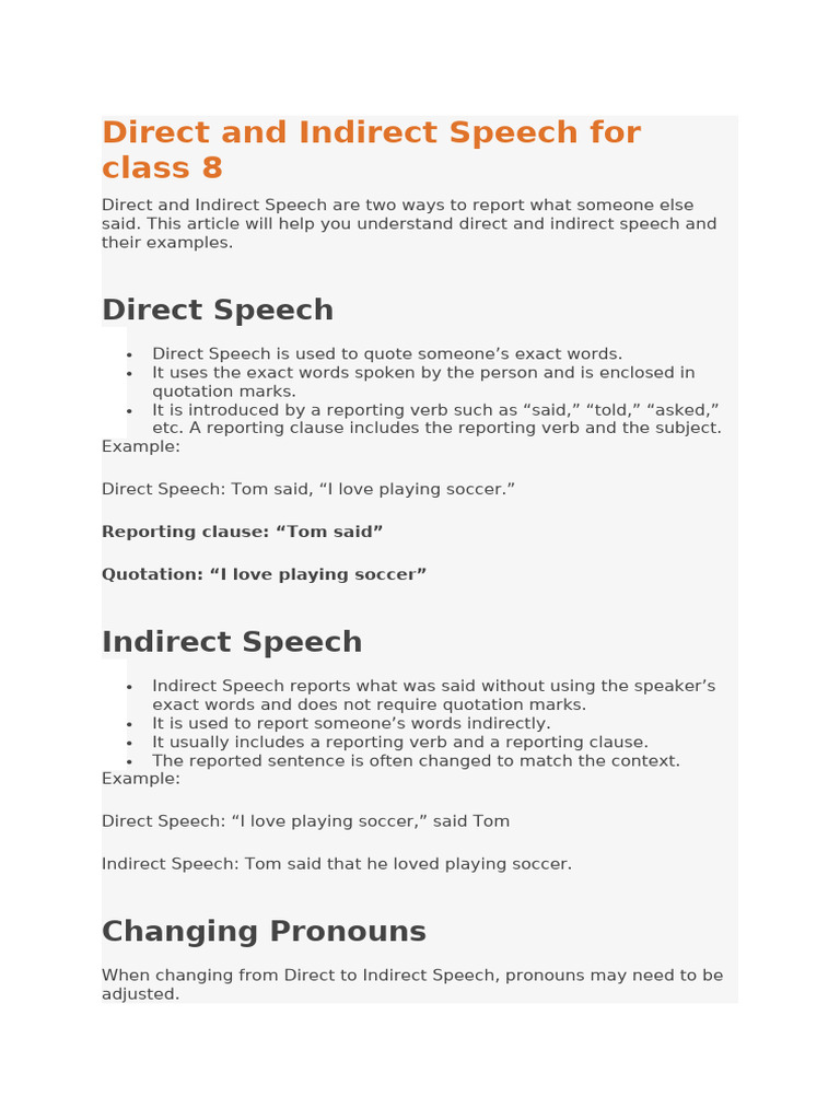 Direct and Indirect Speech for Class 8 | PDF | Question | Grammatical Tense