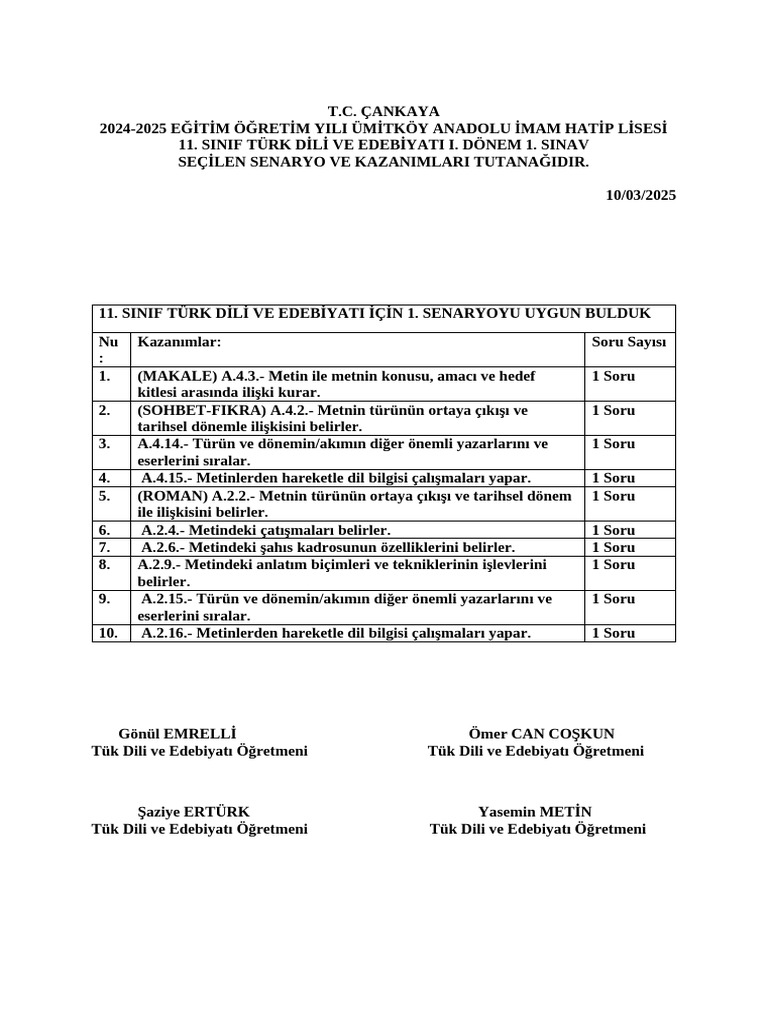 Ümi̇tköy 11. Sinif Tde Ii. D. 1. Sinav Senaryolari | PDF