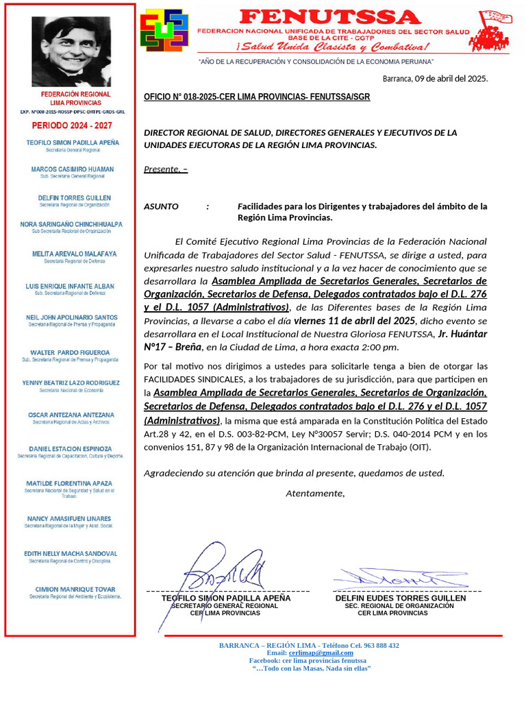 OFICIO 018_ASAMBLEA AMPLIADA_DIRECTORES | PDF