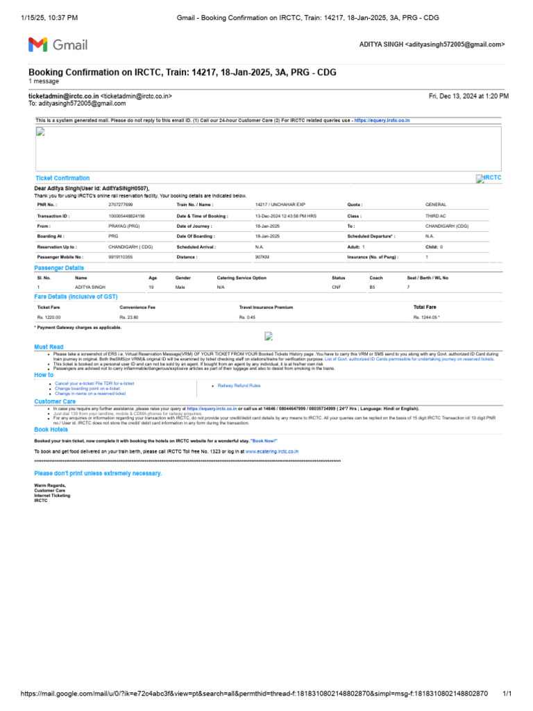 Gmail - Booking Confirmation On IRCTC, Train - 14217, 18-Jan-2025, 3A, PRG - CDG | PDF | Service ...