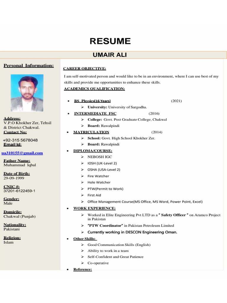 Umair CV For Safety Officer | PDF
