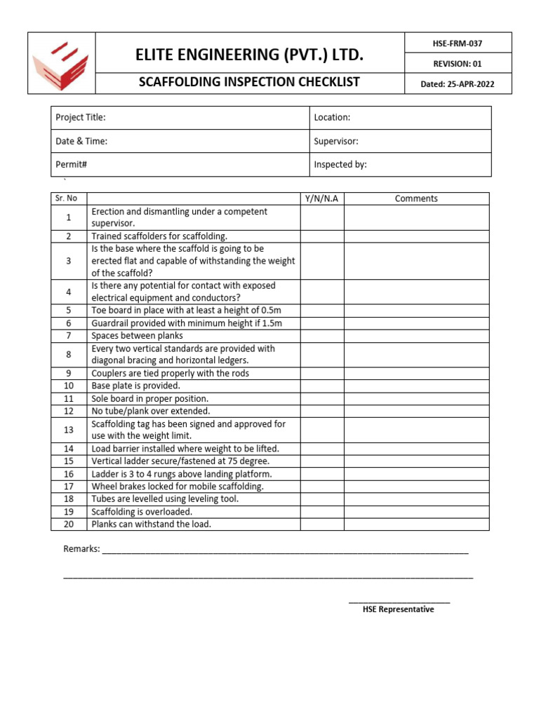 HSE-FRM-037 SCAFFOLDING INSPECTION CHECKLIST | PDF