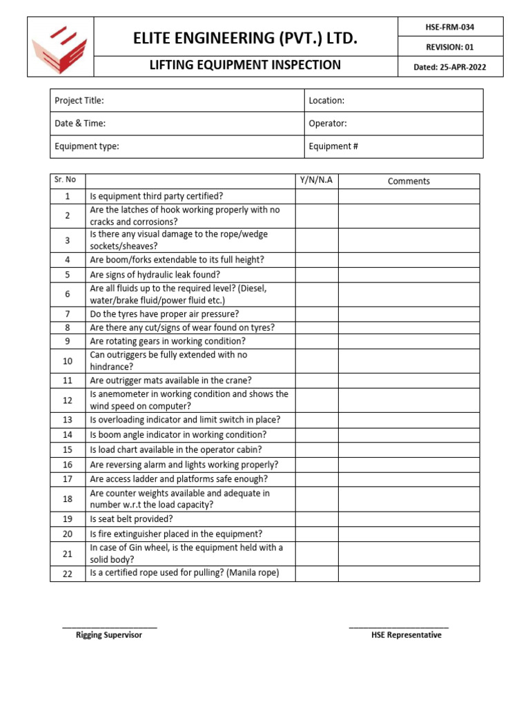 Lifting Equipment Inspection Checklist | PDF
