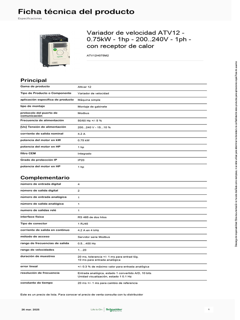 Variador de Velocidad ATV12 0.75kW 1hp | PDF | Poder (Física ...