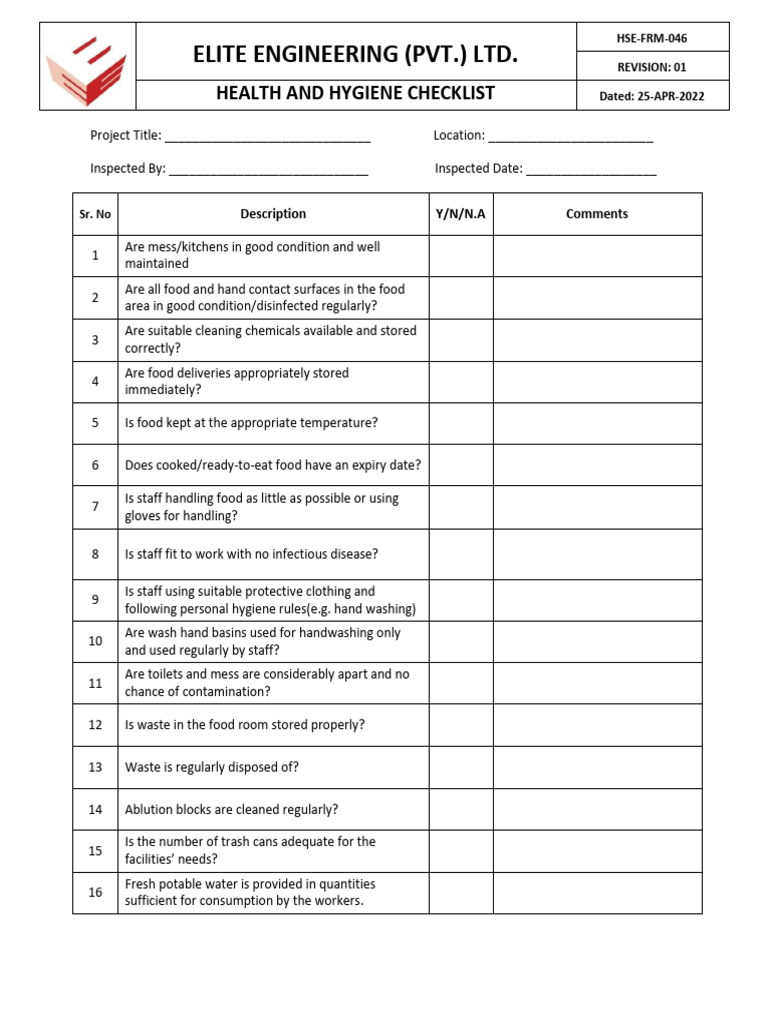 HSE-FRM-046 HEALTH AND HYGIENE CHECKLIST | PDF | Hygiene | Waste