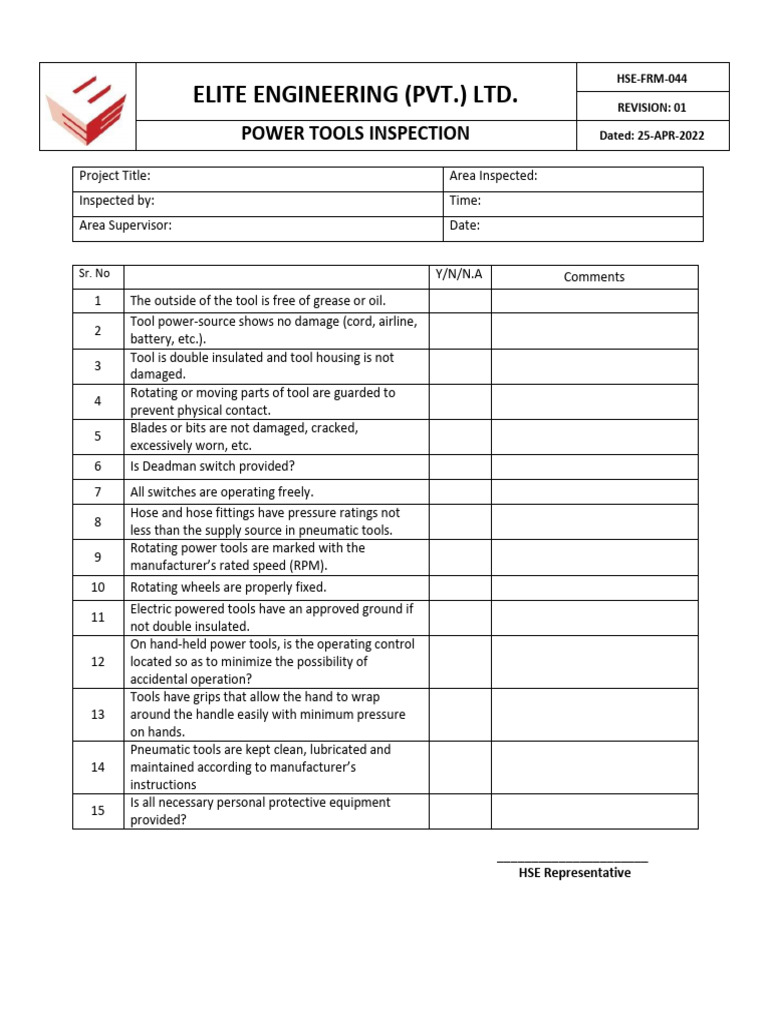 Hse-Frm-044 Power Tools Inspection | PDF