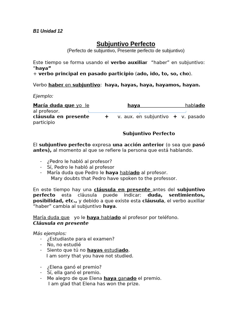 A Subjuntivo Perfecto | PDF | Oración (Lingüística) | Verbo