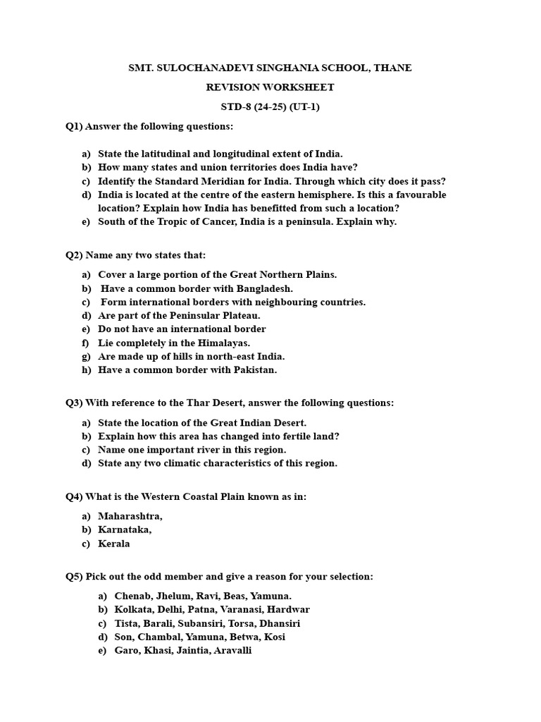 Indian Geography Revision Worksheet | PDF