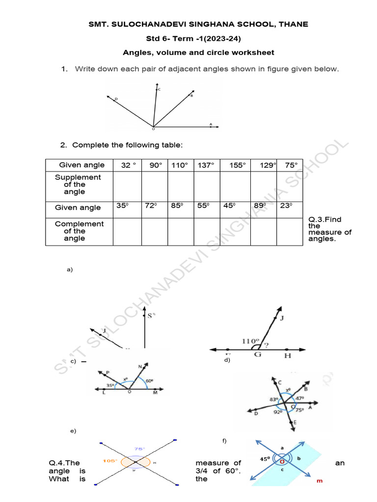 Grade 6 Math Worksheet: Angles, Circles, Volume | PDF | Circle | Angle