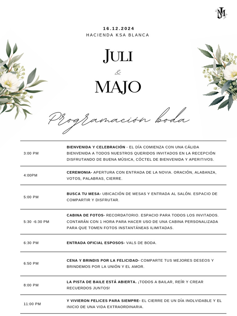 Programación Boda - Juli & Majo | PDF