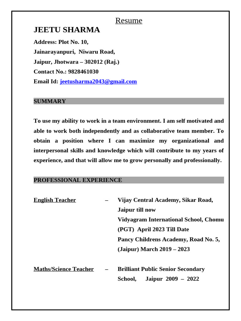 Jeetu Sharma's Teaching Resume | PDF