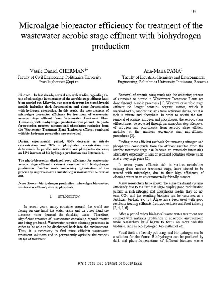Microalgae Bioreactor Efficiency For Treatment of The Wastewater ...