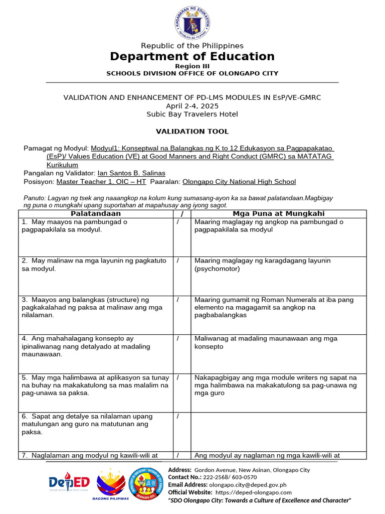Validation Tool Module 1 Pdf