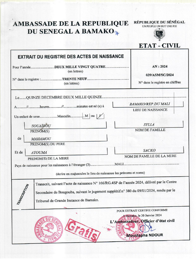 Extrait de Naissance Aicha Sylla | PDF