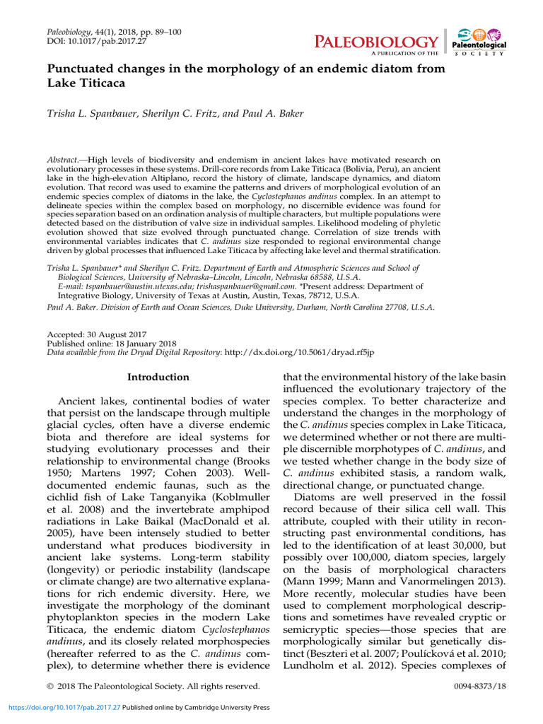 Morphological Evolution of Diatoms in Lake Titicaca | PDF | Biological ...