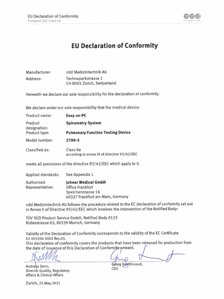NDD Easy On PC Spirometer Declaration of Conformity | PDF