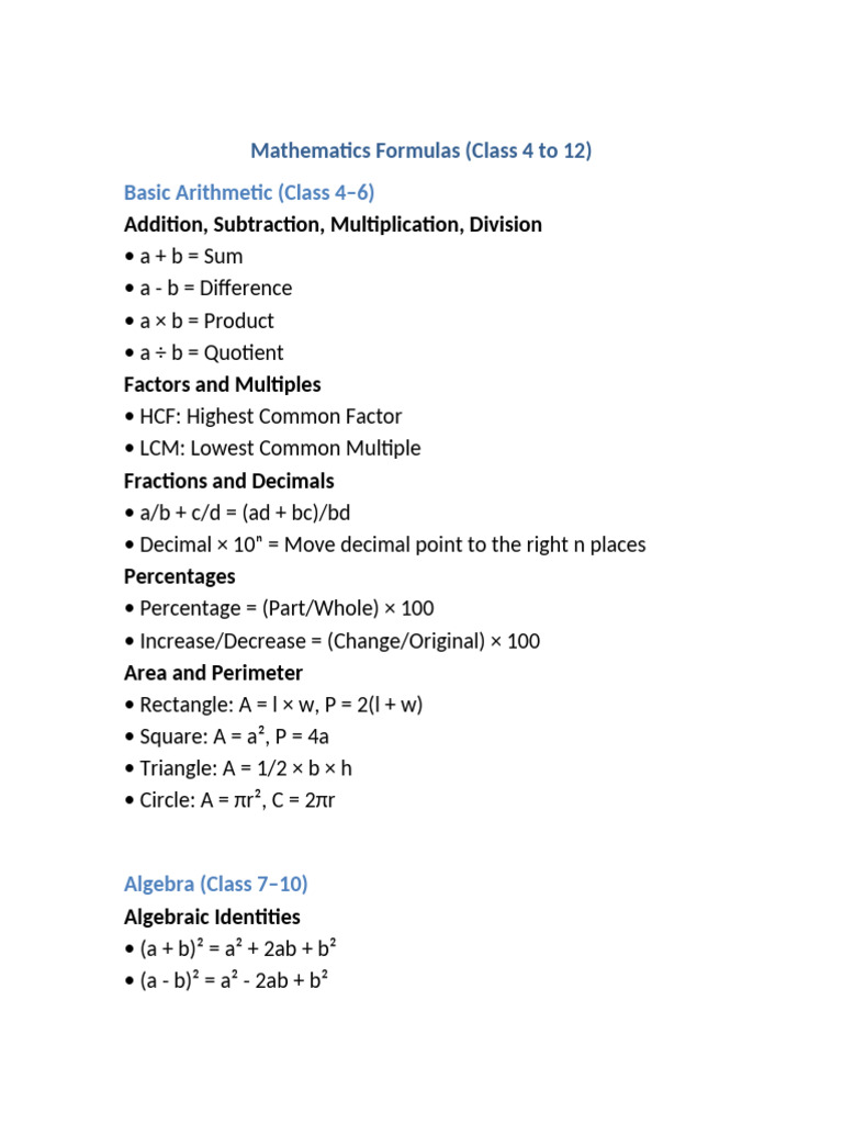 Formated Math Formulas Class4 To 12 | PDF