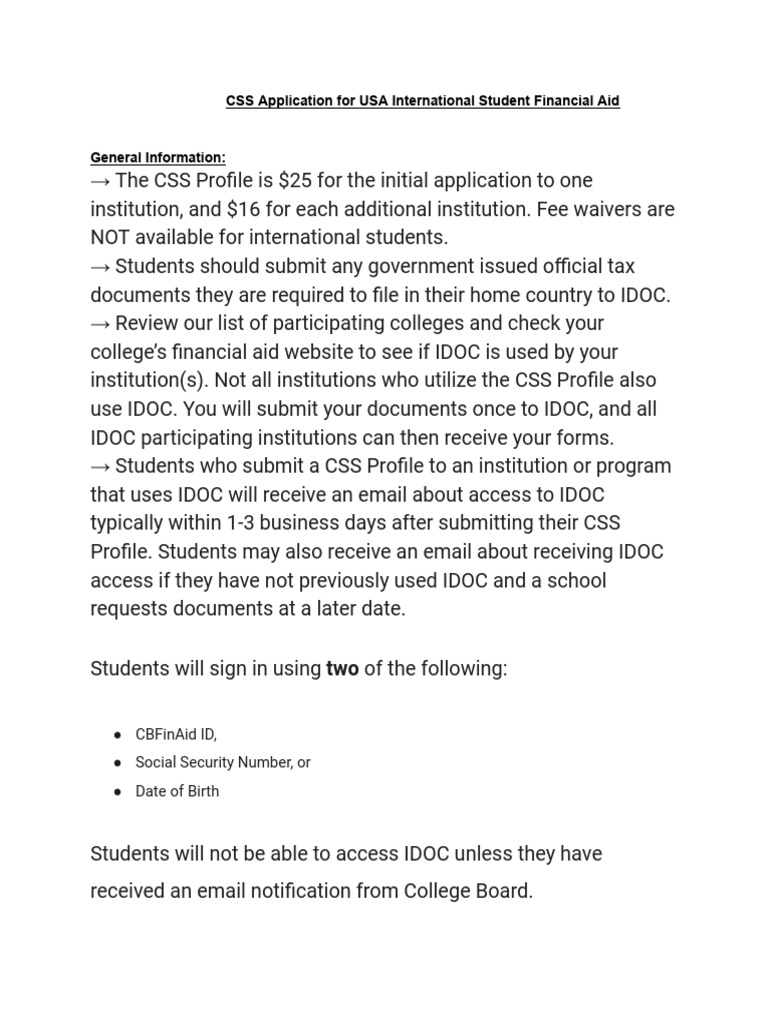 CSS Application For USA International Student Financial Aid | PDF ...