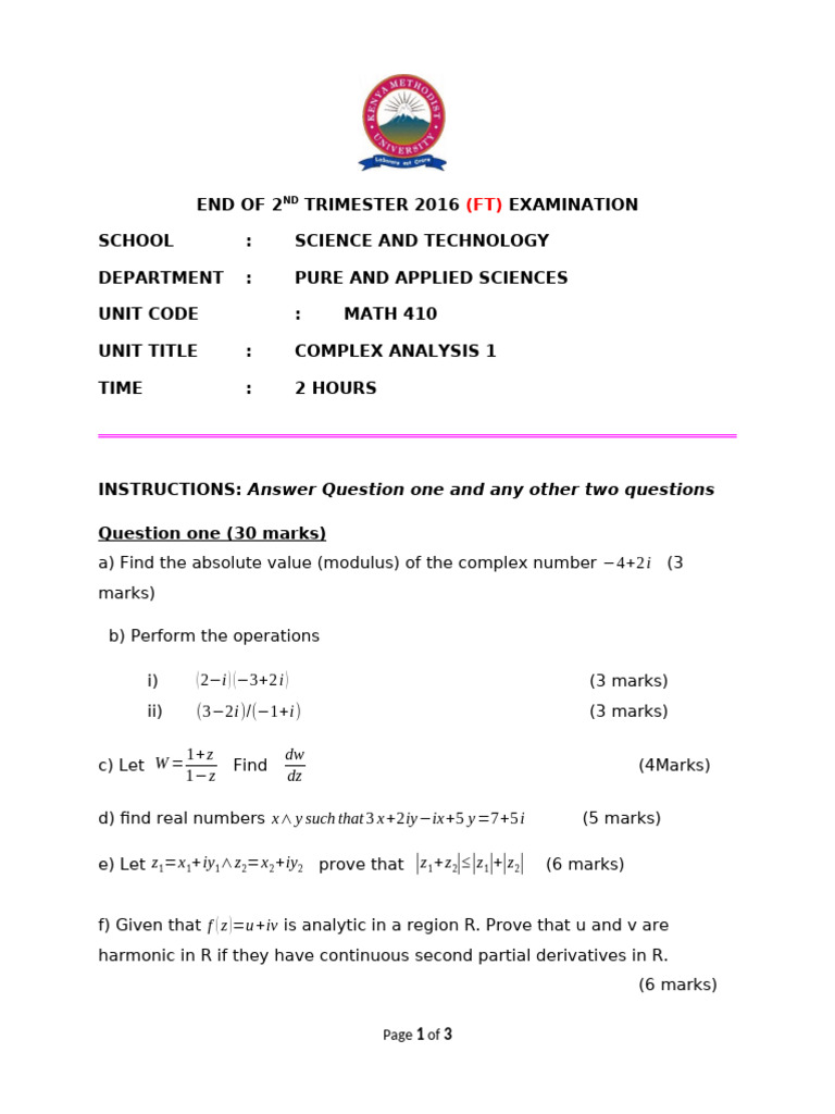 Complex Analysis I (Math 410) 2nd Trimester 2016 | PDF | Mathematical Relations | Mathematical ...