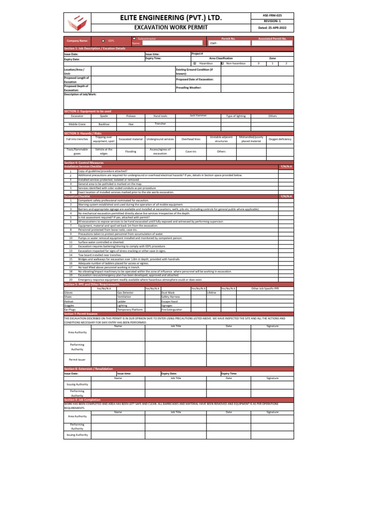 HSE-FRM-025 EXCAVATION WORK PERMIT | PDF | Personal Protective ...