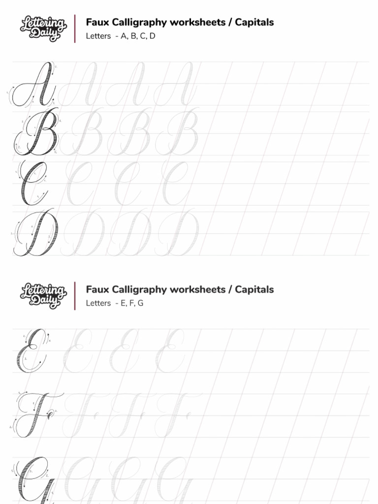 Faux Calligraphy Worksheets - Capitals 1 - A, B, C, D-Combined | PDF