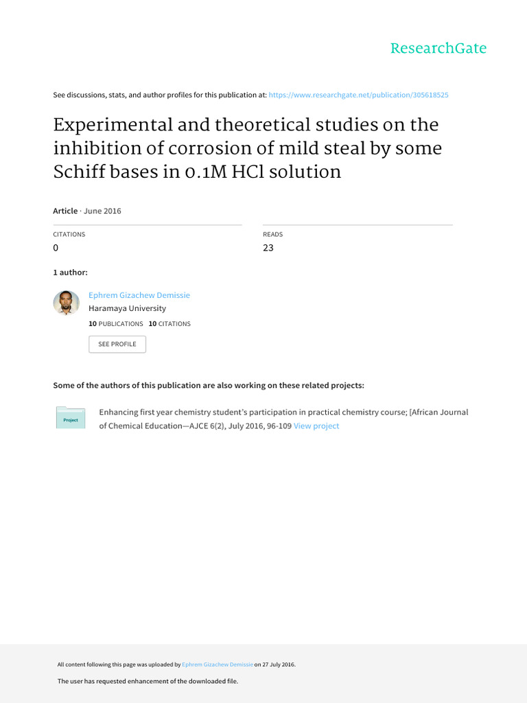 Experimental and Theoretical Studies On The Inhibition of Corrosion of Mild Steal by Some Schiff ...