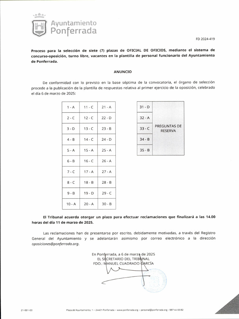 FD 2024-419 Plantilla de Respuestas Del Primer Ejercicio | PDF