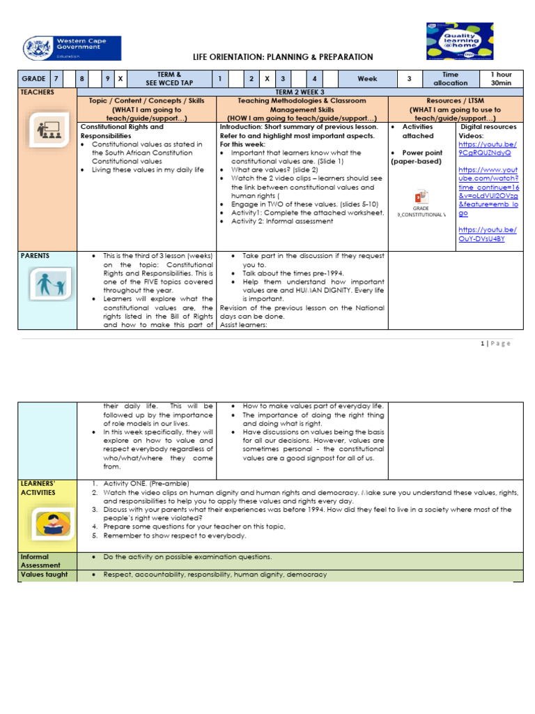 Grade 9 Constitutional Values Lesson Plan | PDF | Dignity | Learning