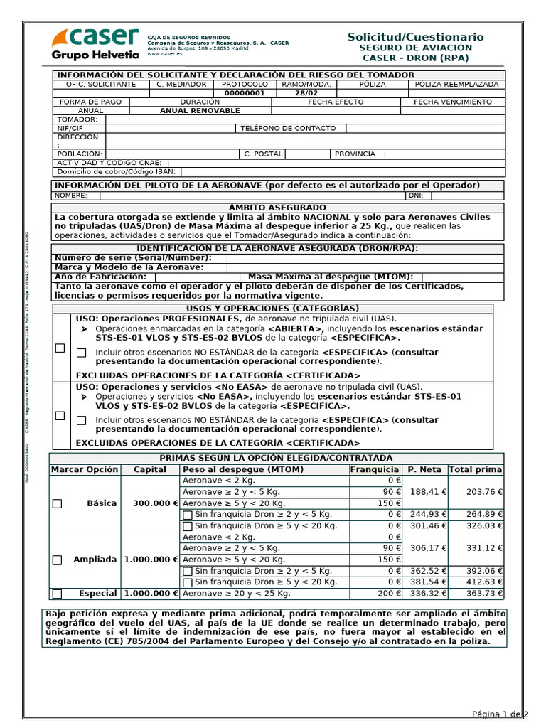 CASER (Solicitud-Tarifa RC Drones 2024) | PDF | Vehículo aéreo no tripulado | Seguro
