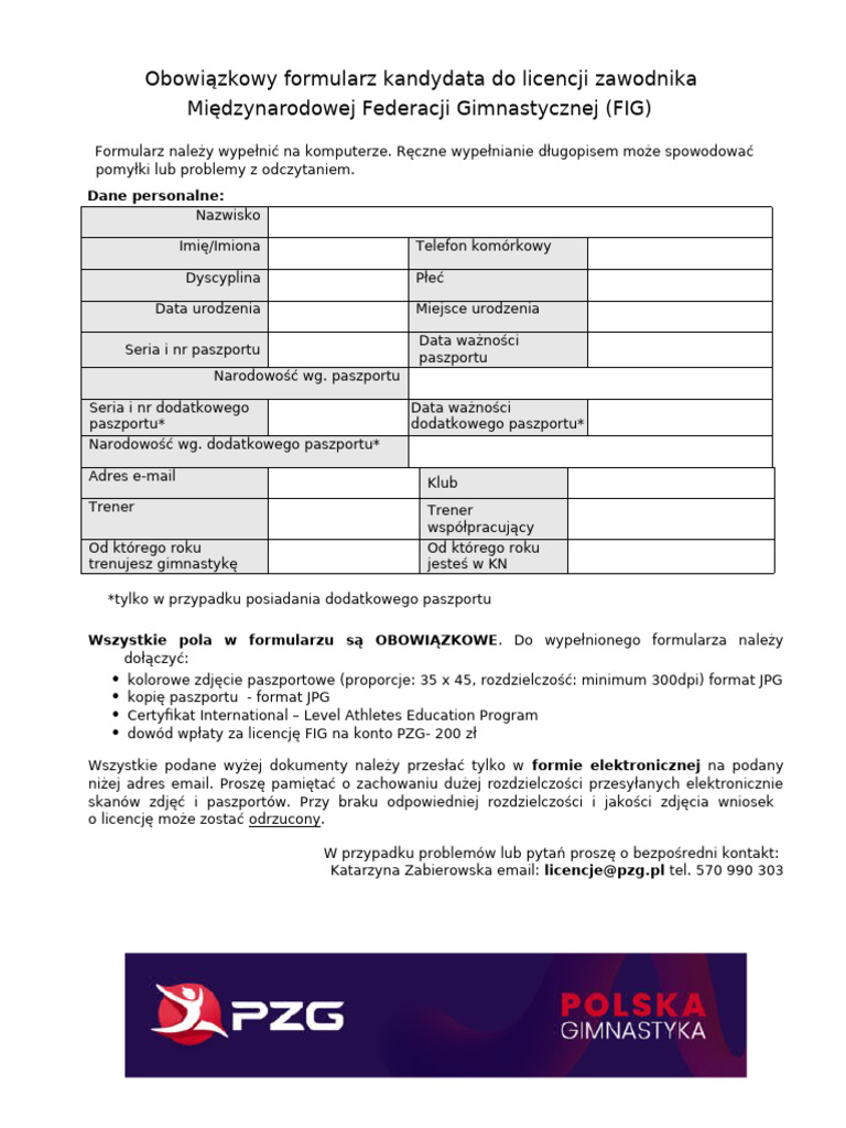 Licencja FIG Formularz 2023 | PDF