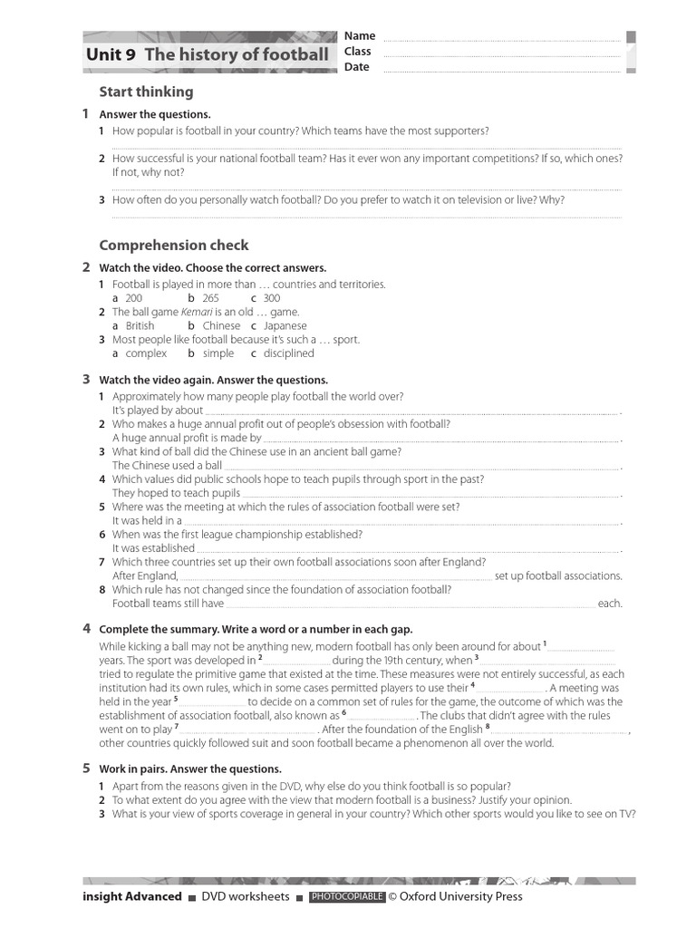 insight advanced DVD worksheets Unit 9 | PDF | Association Football ...