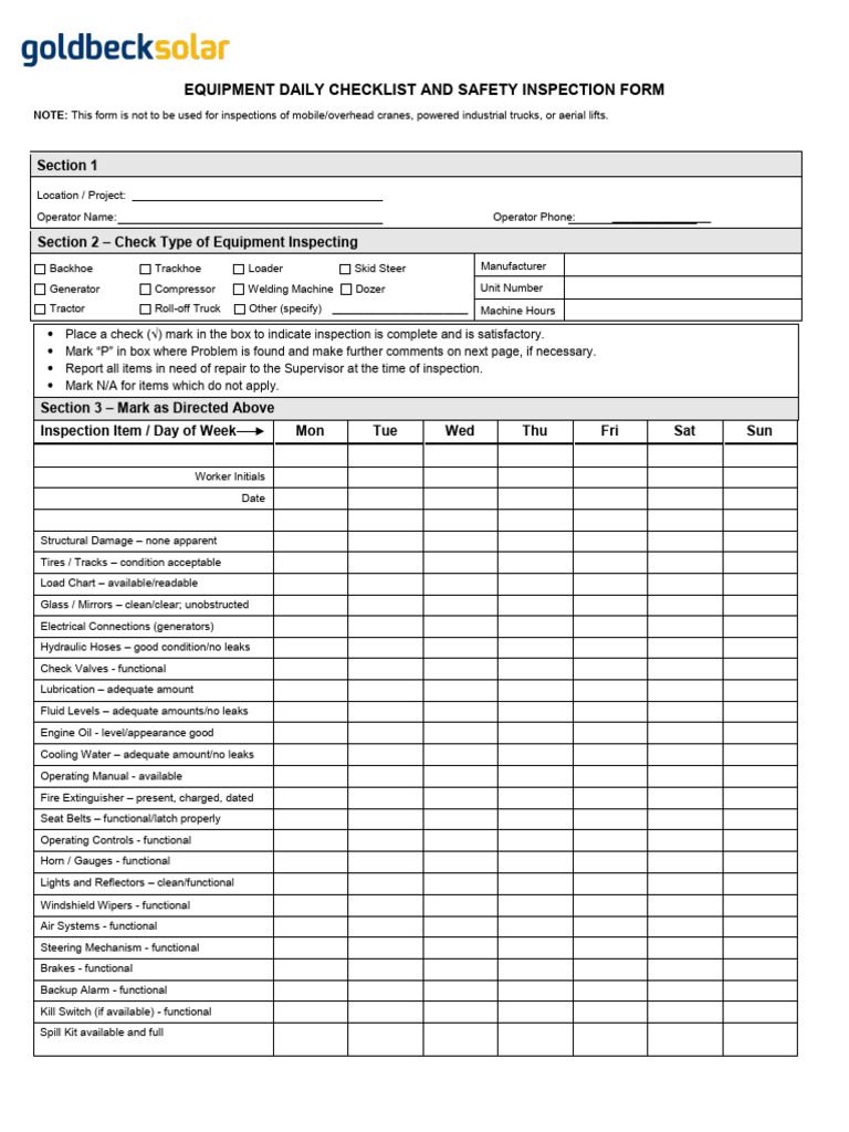 Daily Equipment Inspection Checklist | PDF | Loader (Equipment) | Forklift