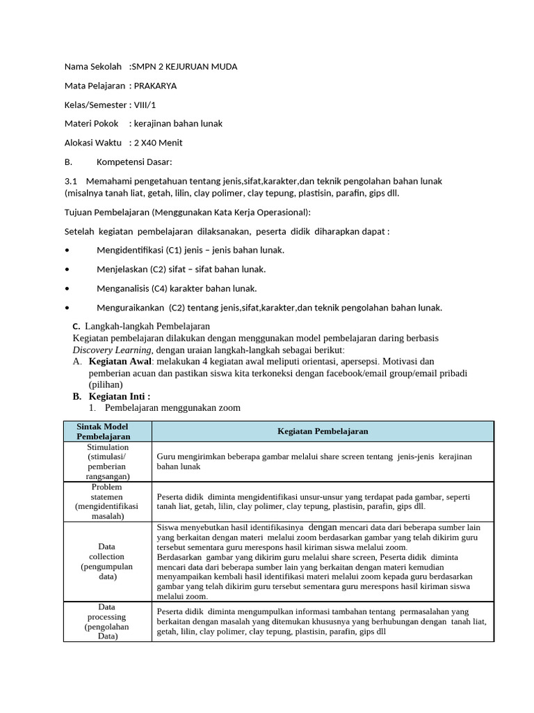 Contoh RPP Zoom Prakarya | PDF