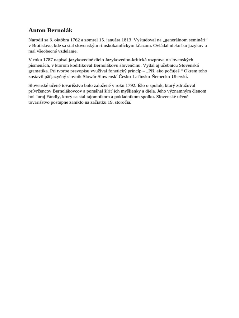 Dejepis 8. Ročník - Anton Bernolák | PDF