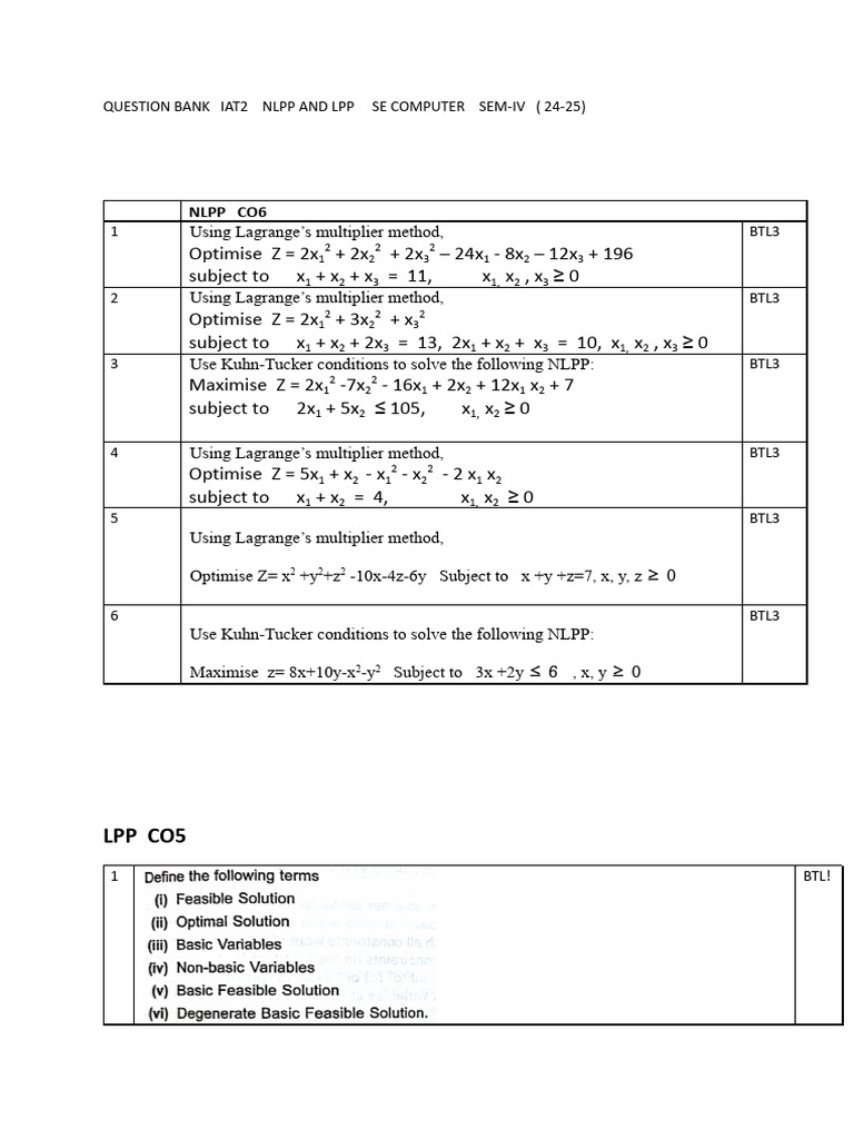 QB Question Bank Sem4 Comp IAT2 CO5 LPP AND CO6 NLPP | PDF
