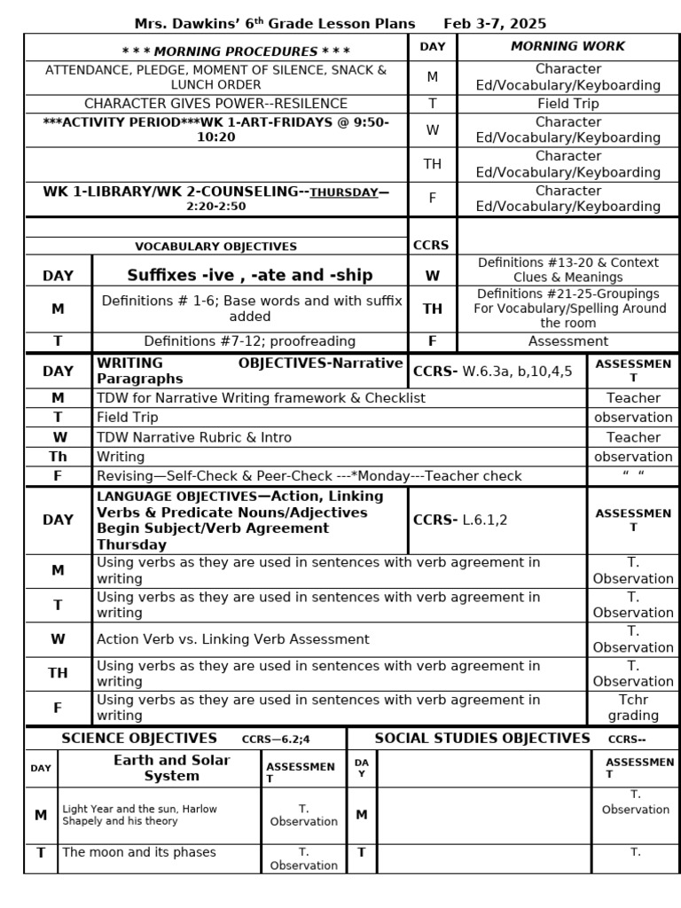 6th Grade Lesson Plans: Feb 3-7, 2025 | PDF | Verb | Moon