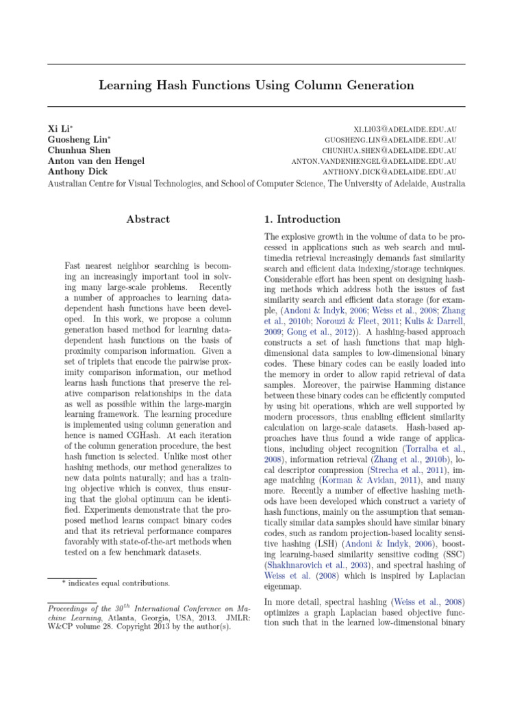Learning Hash Functions Using Column Generation: Xi Li Guosheng Lin ...