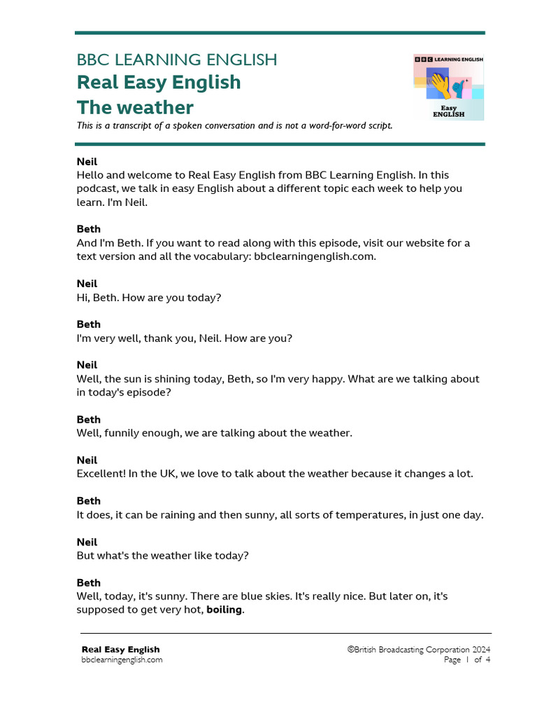 RealEasyEnglish Transcript S2e8 Weather | PDF | Rain | Bbc