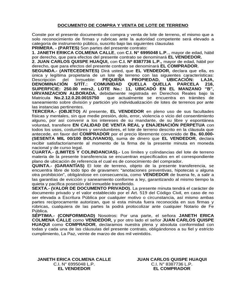 DOCUMENTO DE COMPRA Y VENTA DE LOTE DE TERRENO Juan Carlos | PDF
