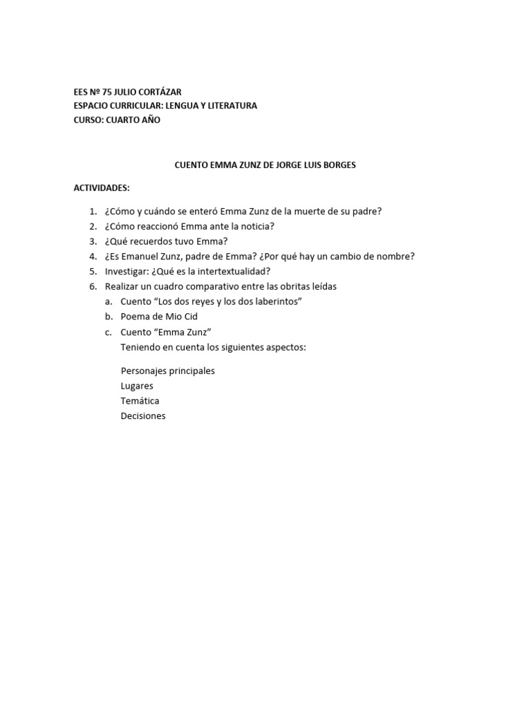 Actividades Para Cuarto Año Cuento Emma Zunz | PDF