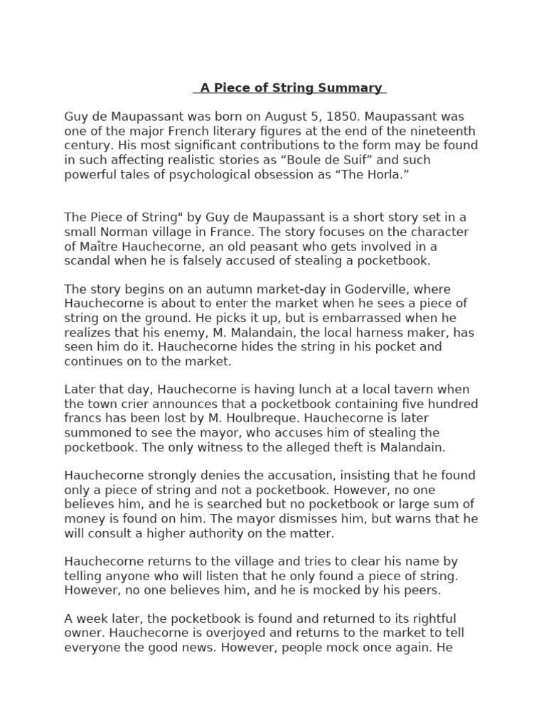 The Piece of String Summary | PDF | Guy De Maupassant