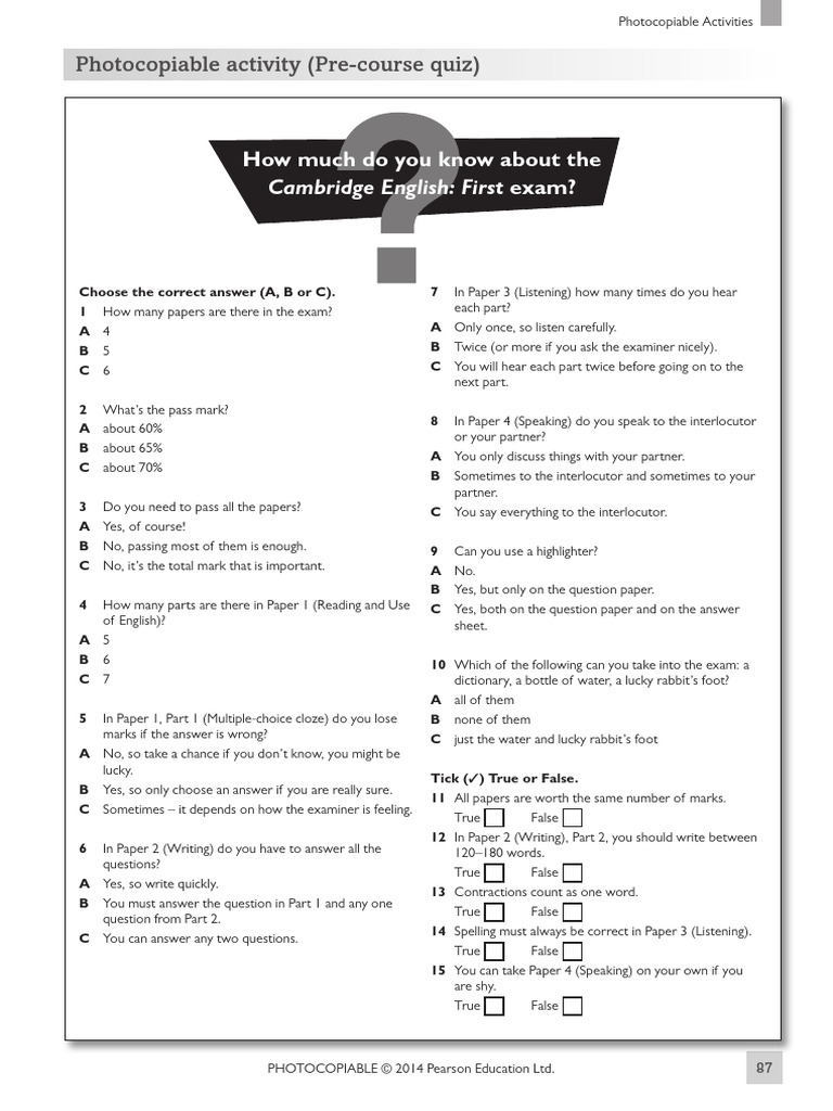 Photocopiable Activities and Pre-Course Quiz | PDF