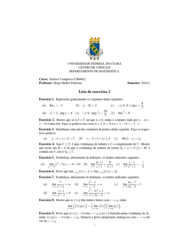 Lista de Exercicios 2 Variável Complexa | PDF | Matemática | Conceitos matemáticos