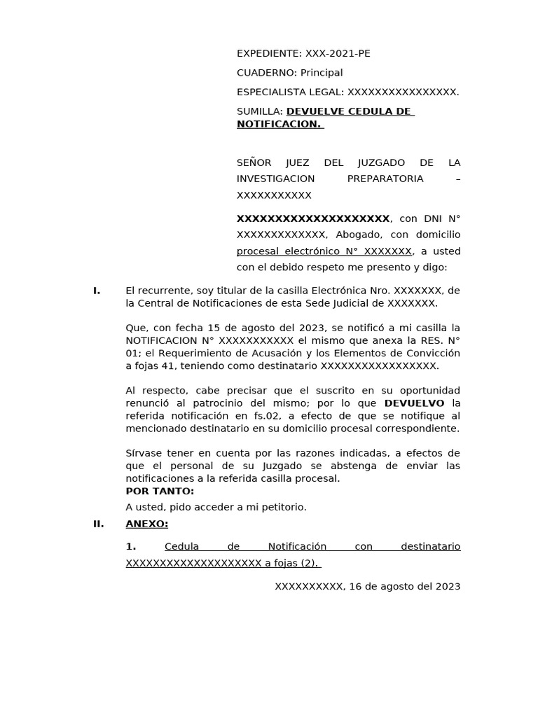Escrito - Devuelve Cedula Notificacion - XXXXX | PDF