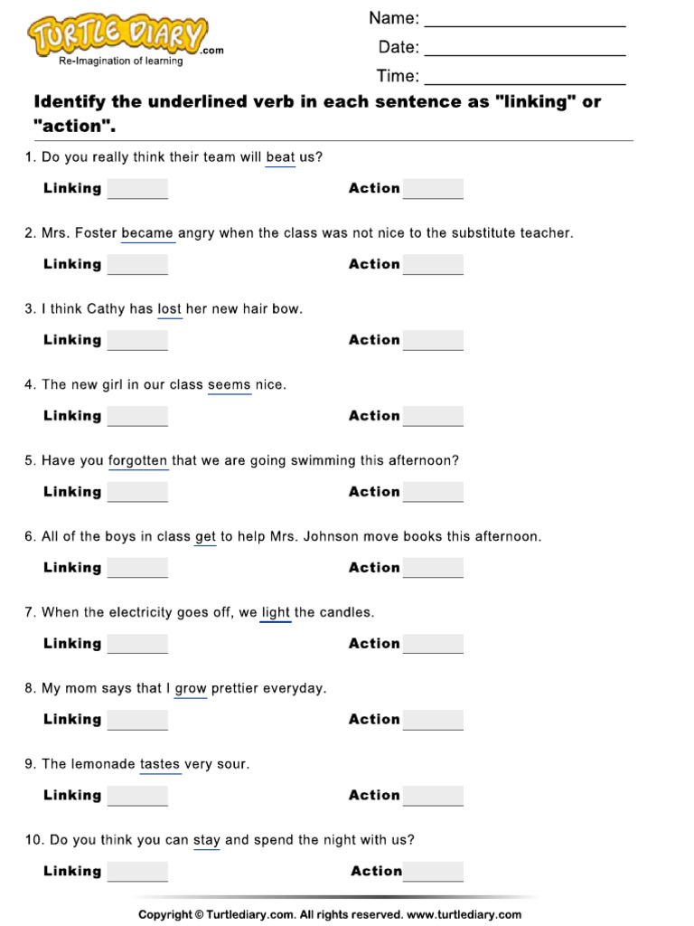 Tell If Verb in Each Sentence Is Action or Linking | PDF