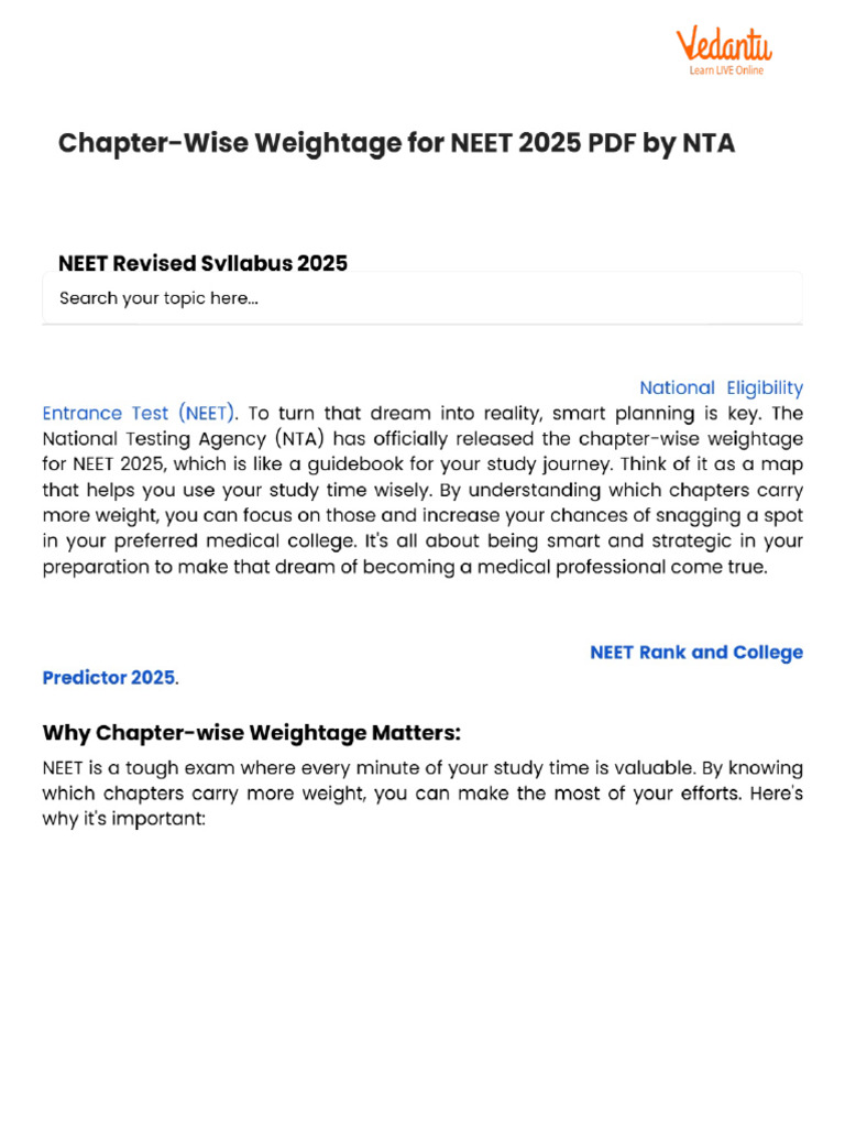 Chapter-Wise Weightage For NEET 2025 PDF by NTA | PDF