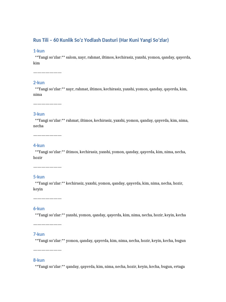 Rus Tili 60 Kunlik Yangi So'zlar | PDF