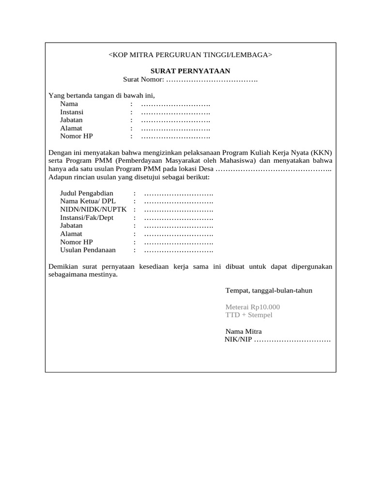 Surat Pernyataan Kerja Sama KKN PMM | PDF