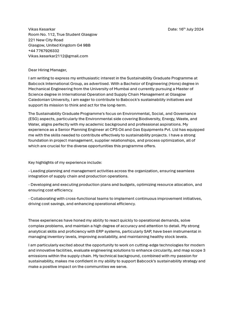 Babcock - Cover Letter Sustainable Program | PDF | Sustainability | Supply Chain